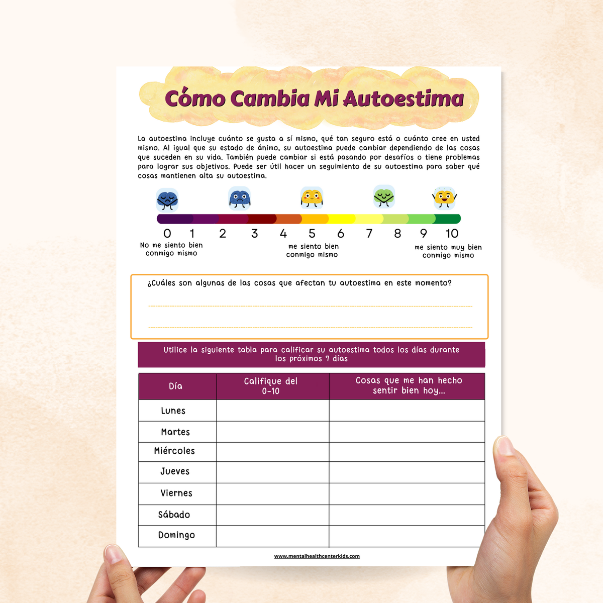 How My Self Esteem Changes Worksheet (Spanish Version) – Mental Health ...