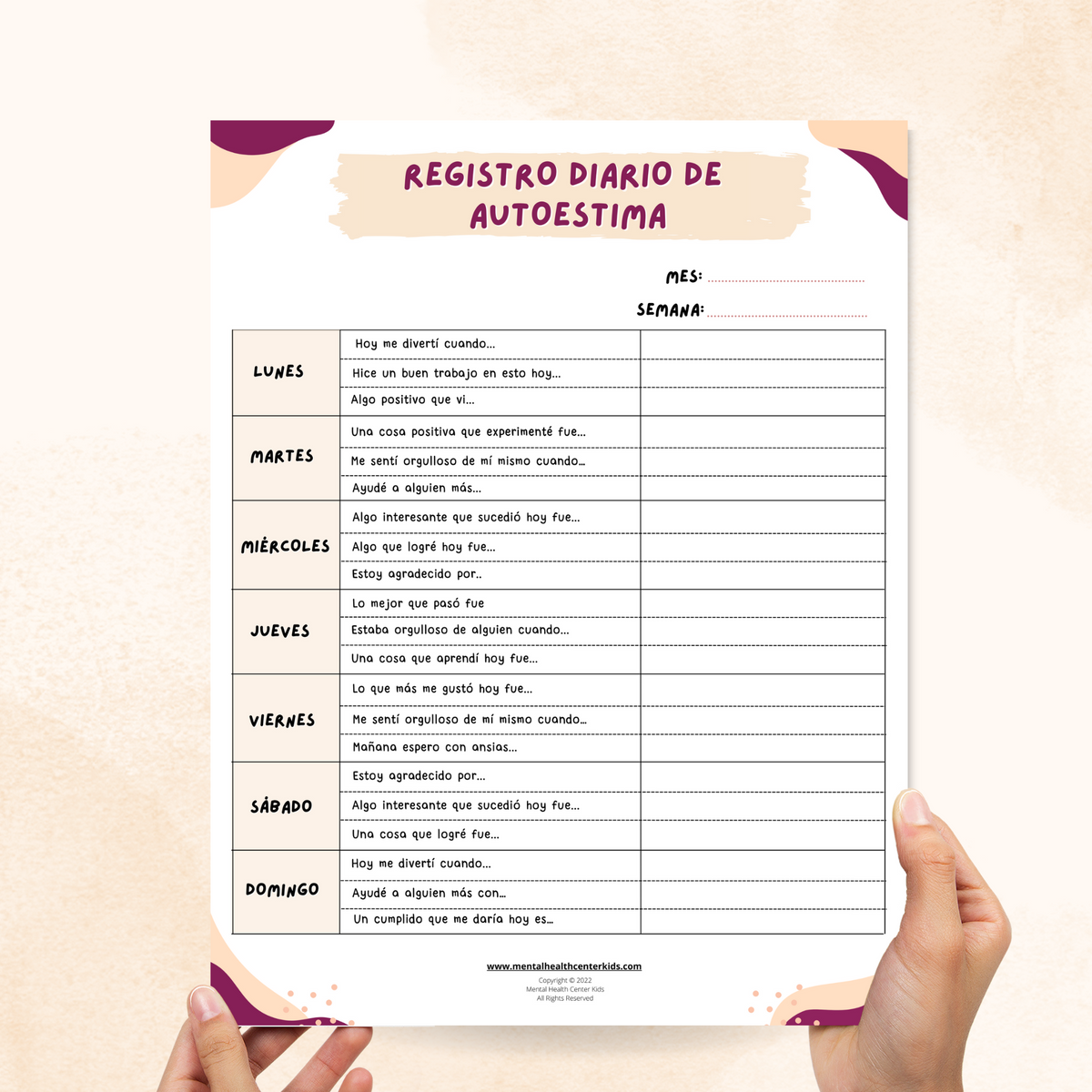 Self-Esteem Daily Check In Worksheet (Spanish Version) – Mental Health ...