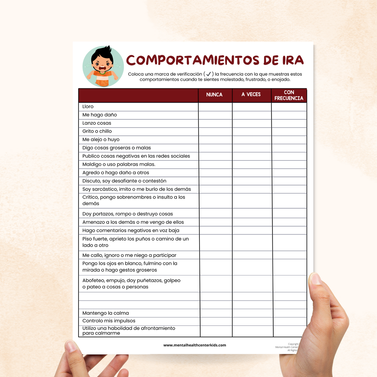 Anger Behaviors Worksheet (Spanish Version) – Mental Health Center Kids
