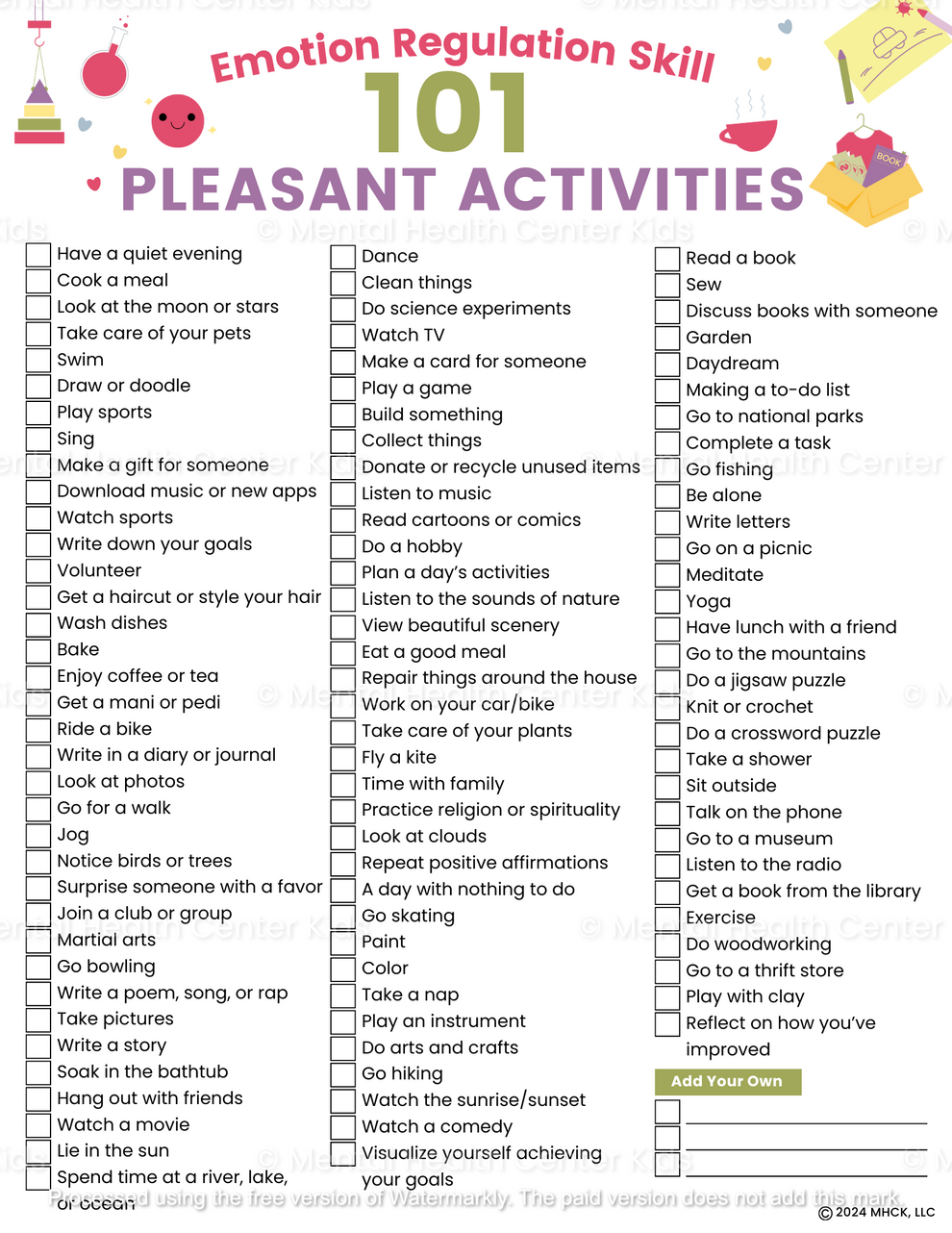 DBT Pleasant Activities List Worksheet – Mental Health Center Kids