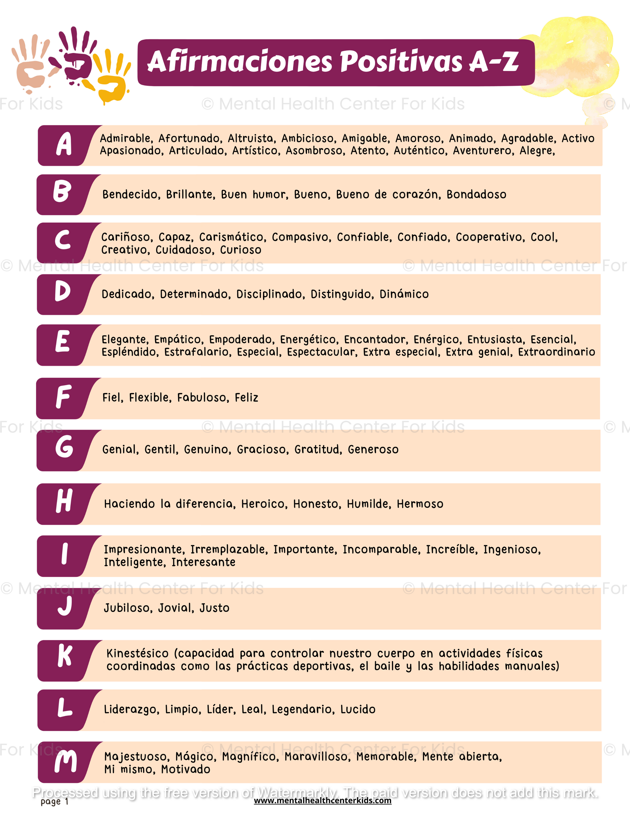 My Positive Affirmations From A-Z Worksheet (Spanish Version) – Mental ...