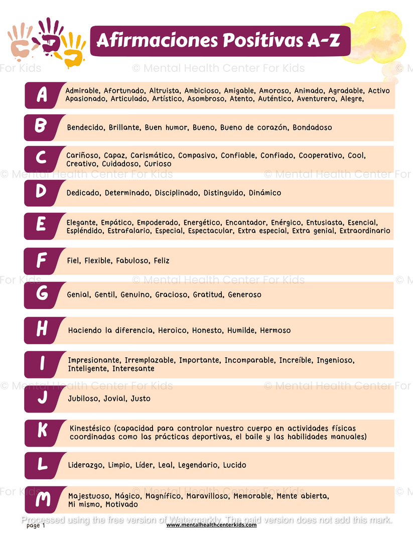 My Positive Affirmations From A-Z Worksheet (Spanish Version) – Mental ...