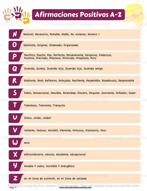 My Positive Affirmations From A-Z Worksheet (Spanish Version) – Mental ...