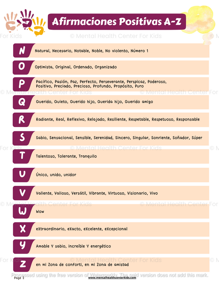 My Positive Affirmations From A-Z Worksheet (Spanish Version) – Mental ...