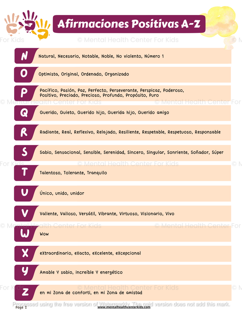 My Positive Affirmations From A-Z Worksheet (Spanish Version) – Mental ...