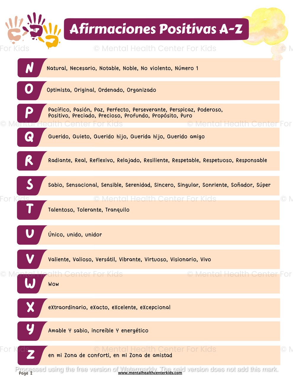 My Positive Affirmations From A-Z Worksheet (Spanish Version) – Mental ...