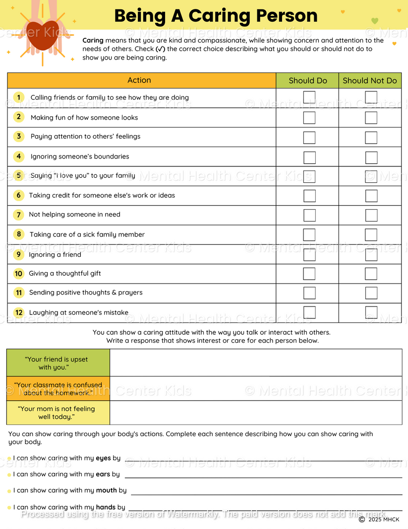 Caring Worksheets (2 Pages) – Mental Health Center Kids