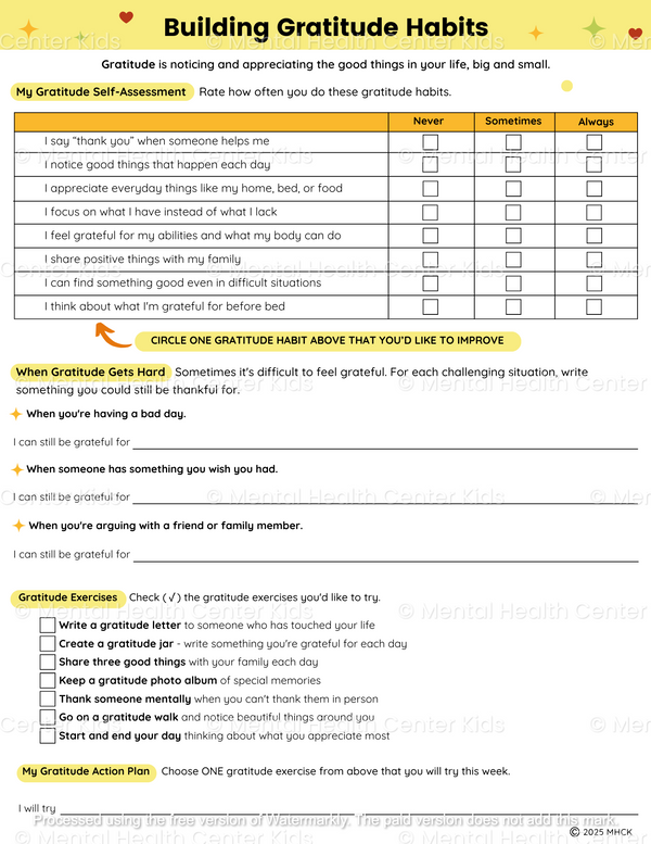 Gratitude Worksheets (6 Pages) – Mental Health Center Kids