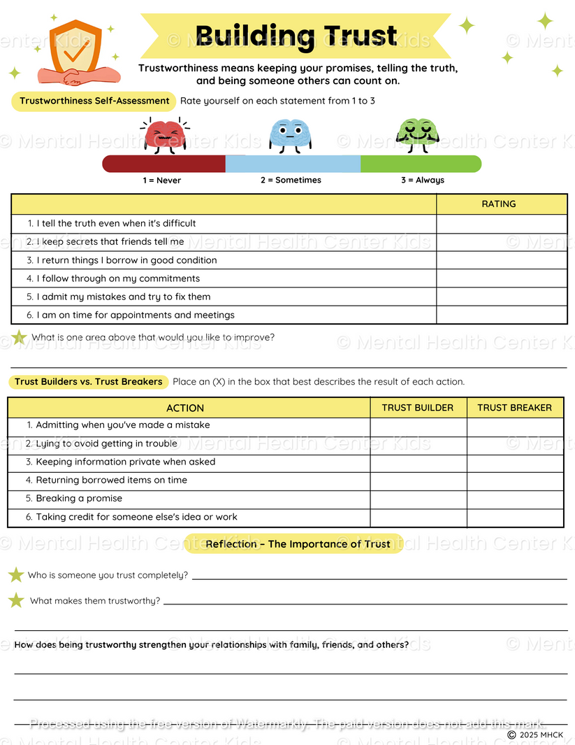 Trust Worksheets (2 Pages) – Mental Health Center Kids