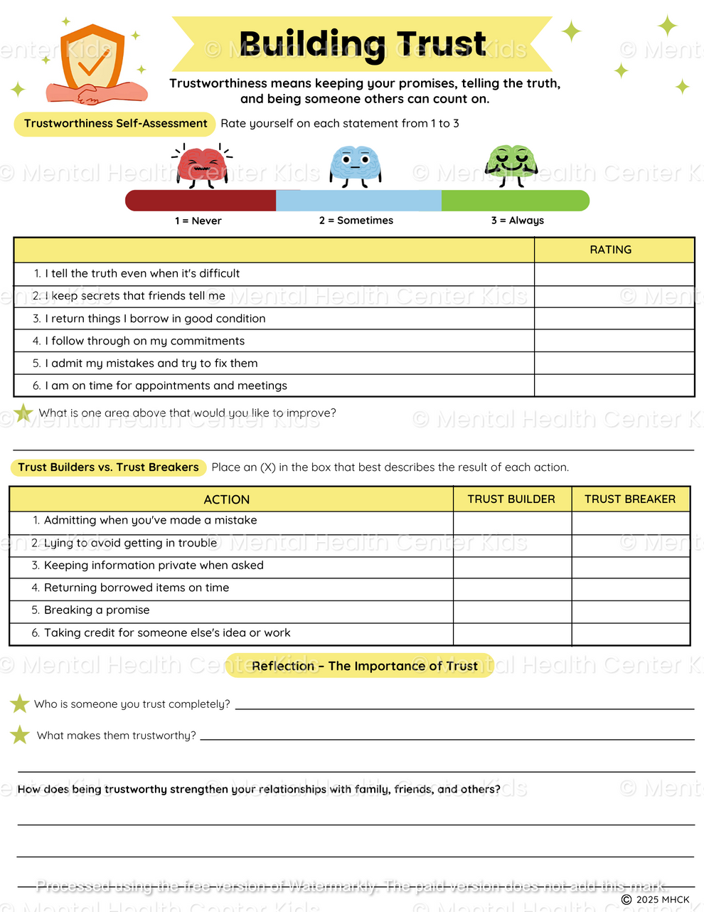 Trust Worksheets (2 Pages) – Mental Health Center Kids