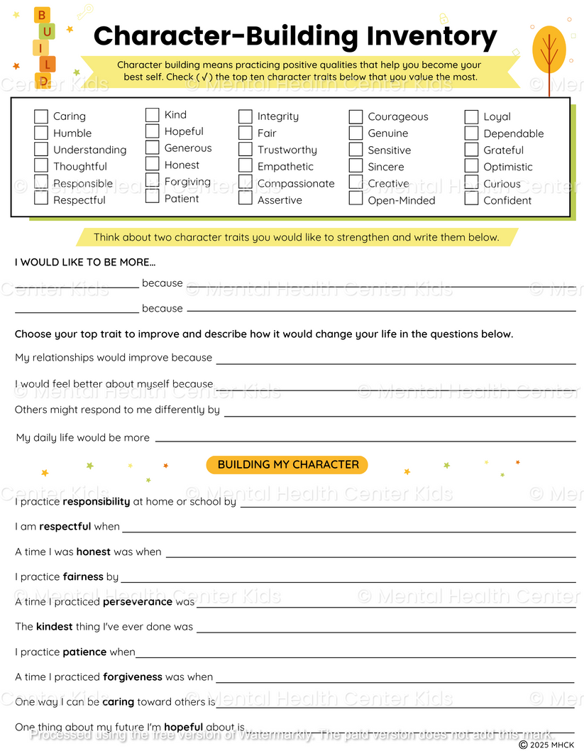 Character Building Worksheets (2 Pages) – Mental Health Center Kids