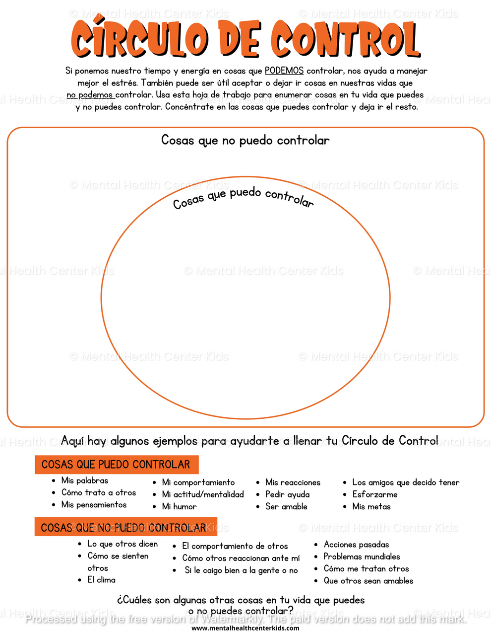 Circle Of Control Worksheets (Spanish Version) – Mental Health Center Kids
