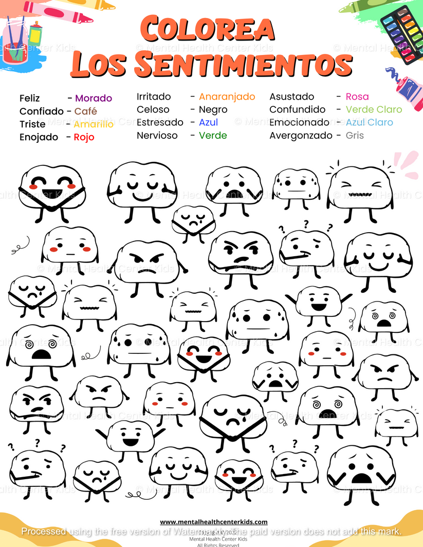 Color In The Feelings Coloring Page (Spanish Version) – Mental Health ...