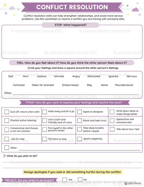 Conflict Resolution Worksheets (4 Pages) – Mental Health Center Kids