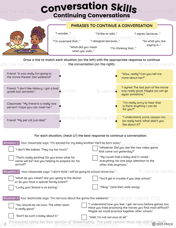 Conversation Skills Worksheets (3 Pages) – Mental Health Center Kids
