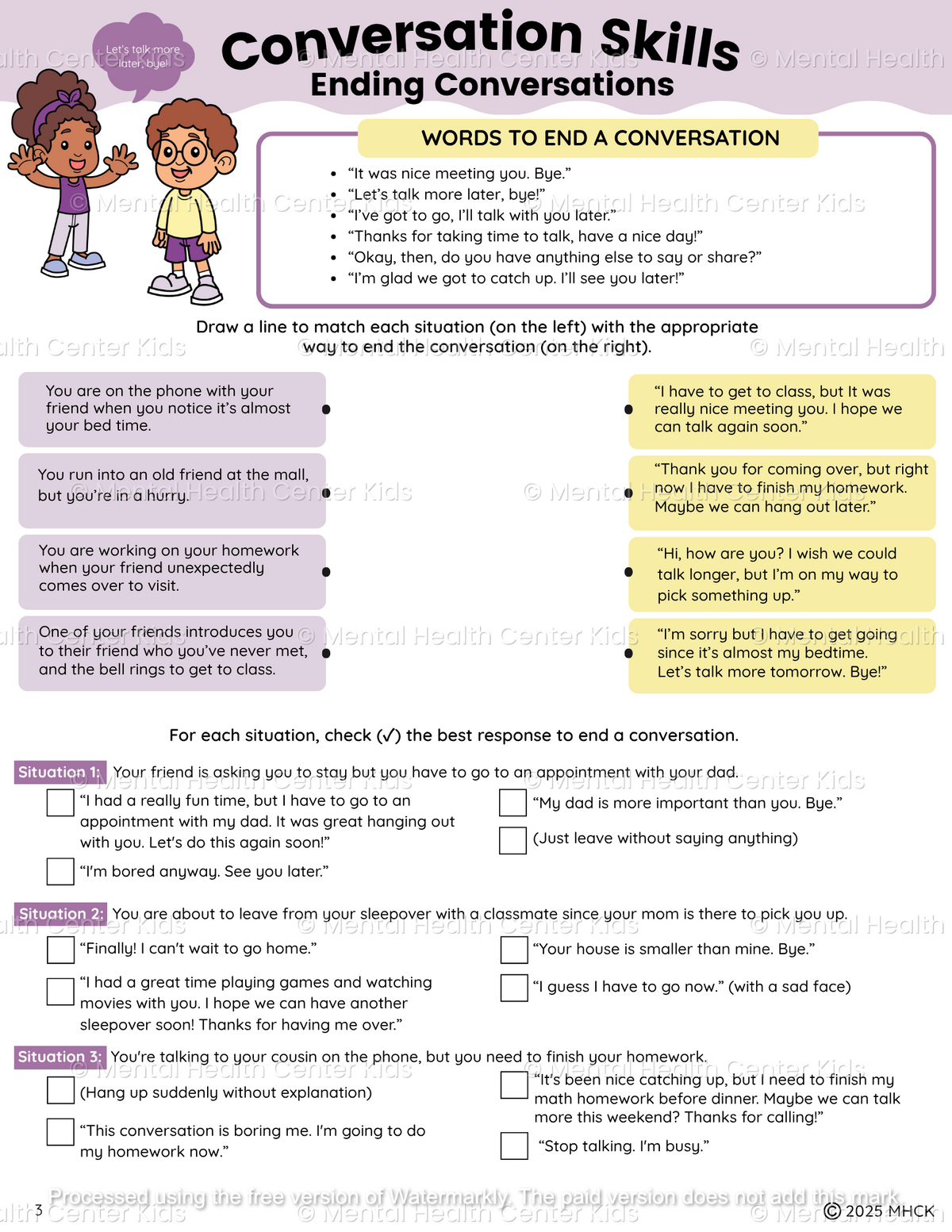 Conversation Skills Worksheets (3 Pages) – Mental Health Center Kids