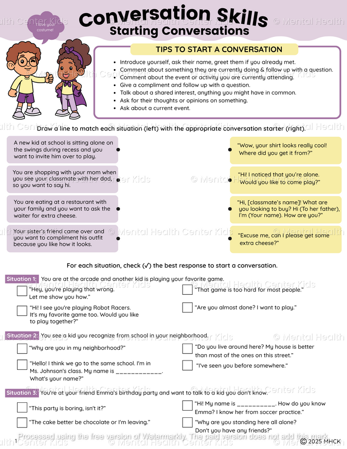 Conversation Skills Worksheets (3 Pages) – Mental Health Center Kids