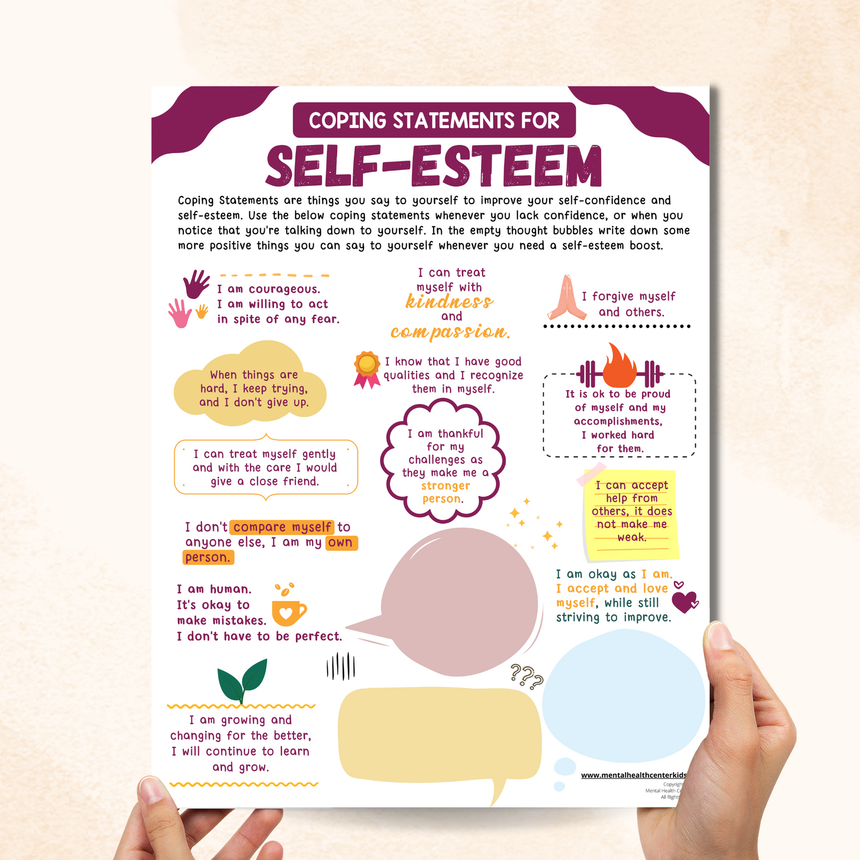 Self-Esteem Coping Statements Worksheet – Mental Health Center Kids