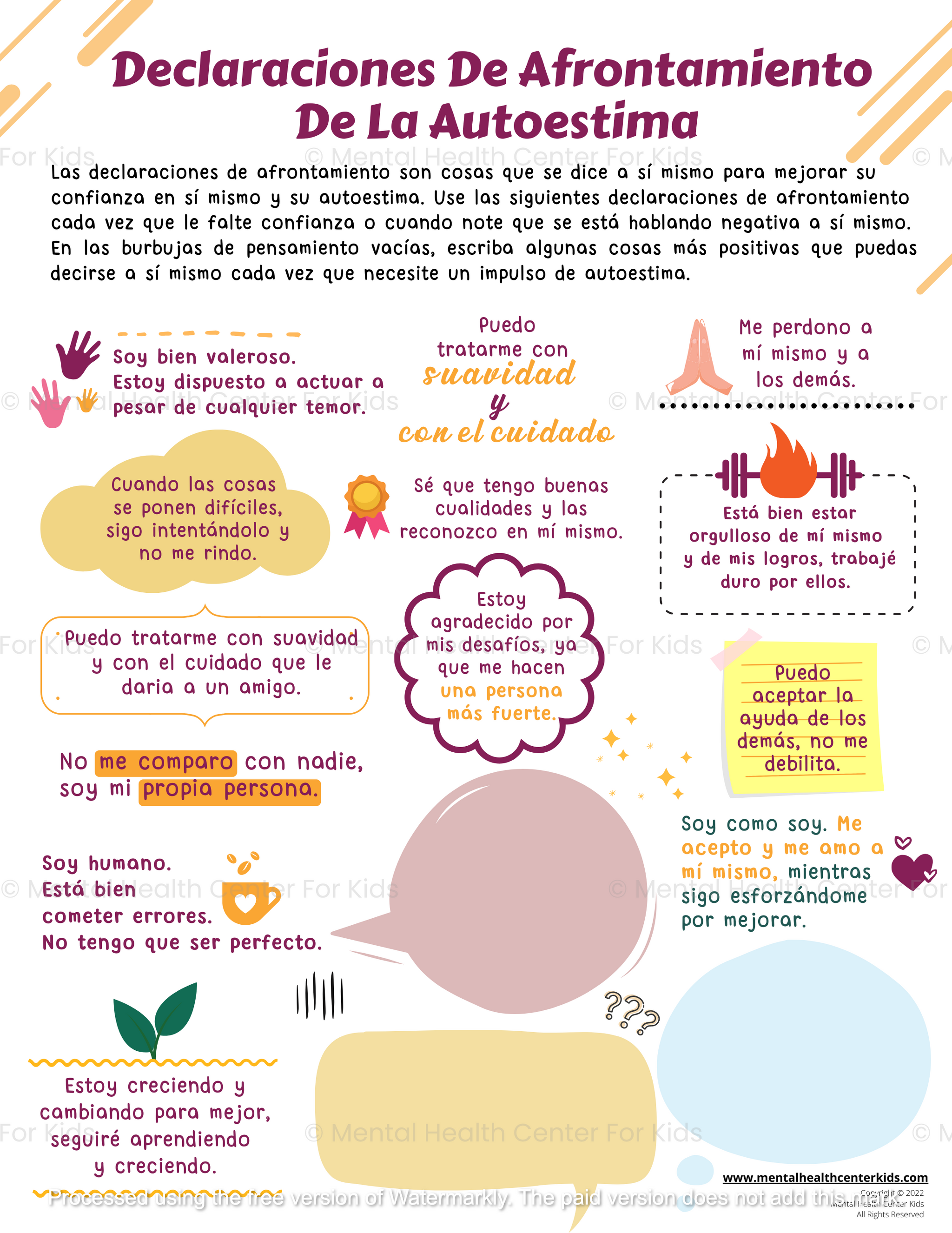 Self-Esteem Coping Statements Worksheet (Spanish Version) – Mental ...