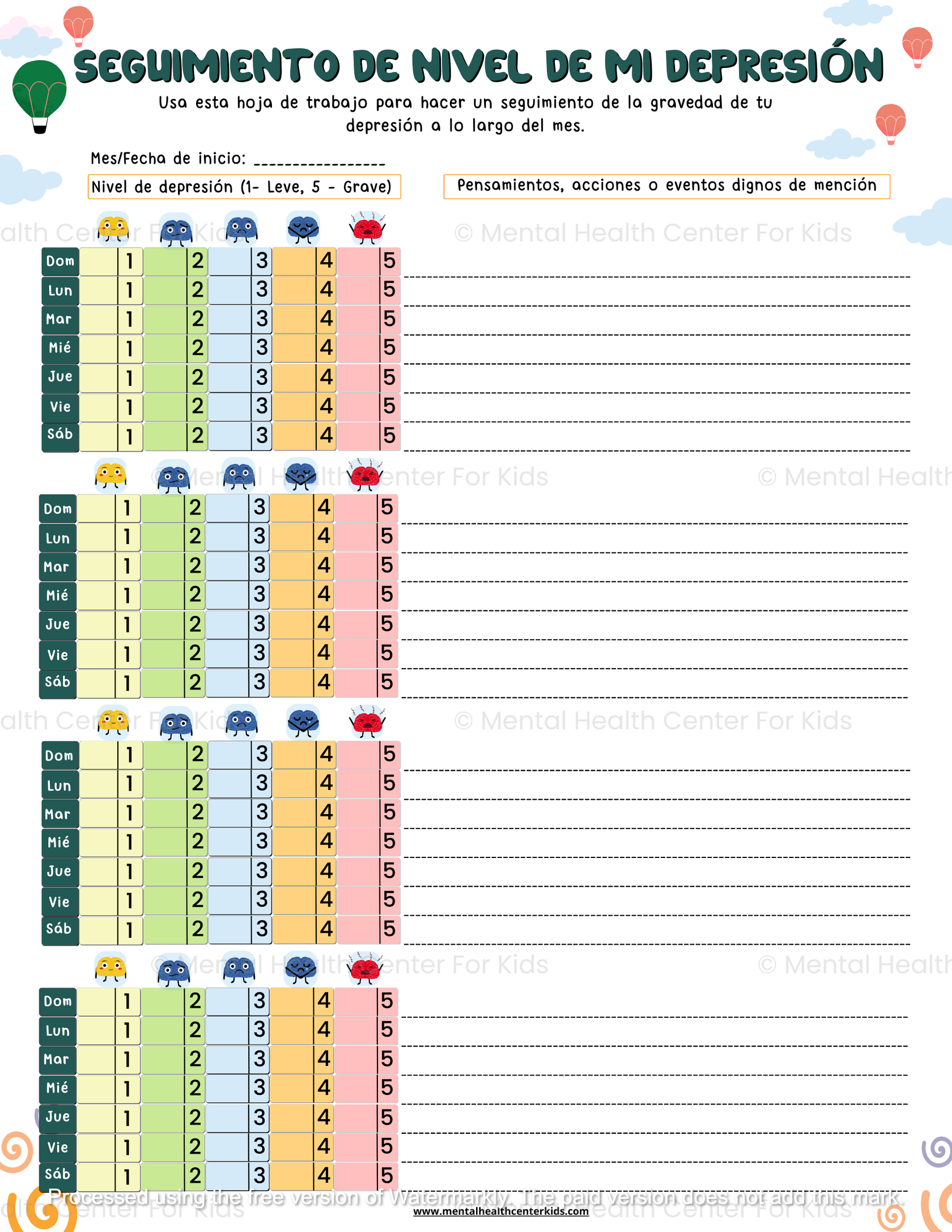 Mood & Depression Level Tracker Worksheets (Spanish Version) – Mental ...