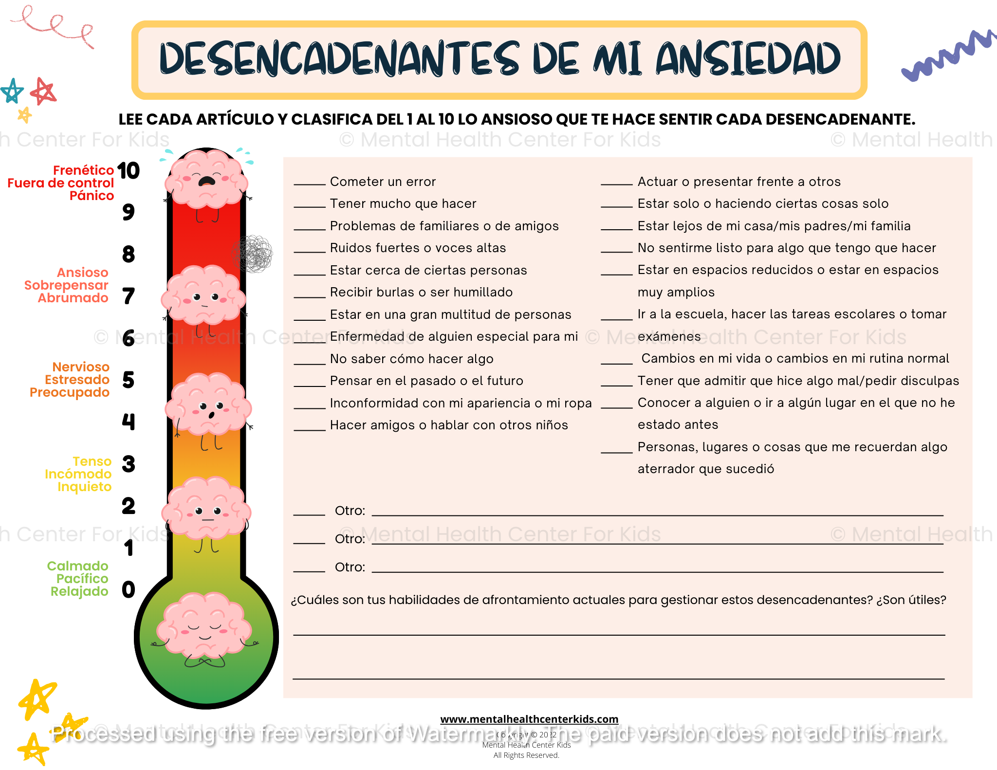 My Anxiety Triggers Worksheet (Spanish Version) – Mental Health Center Kids