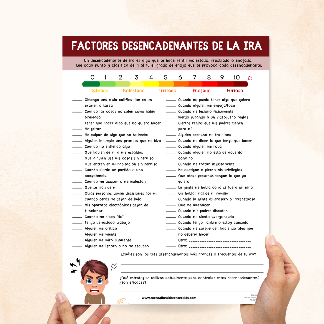 Anger Triggers Worksheet (Spanish Version) – Mental Health Center Kids