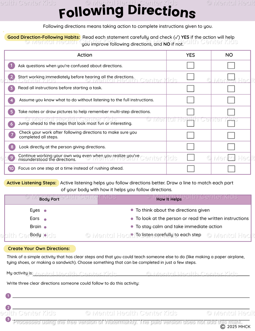 Following Directions Worksheets (4 Pages) – Mental Health Center Kids