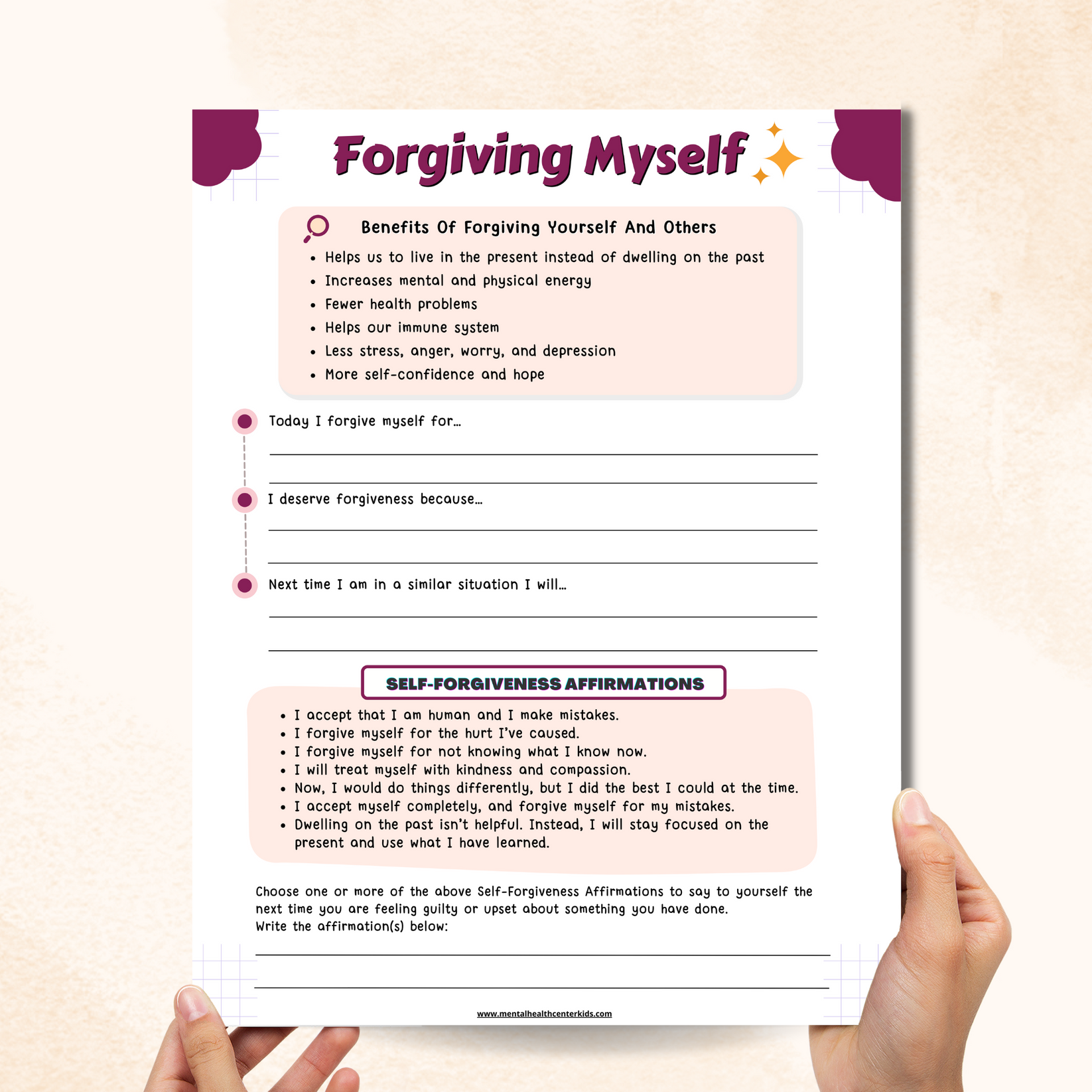 Self-Forgiveness Worksheet – Mental Health Center Kids