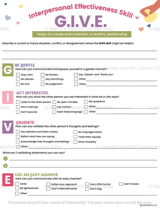 DBT GIVE Skill Worksheet – Mental Health Center Kids