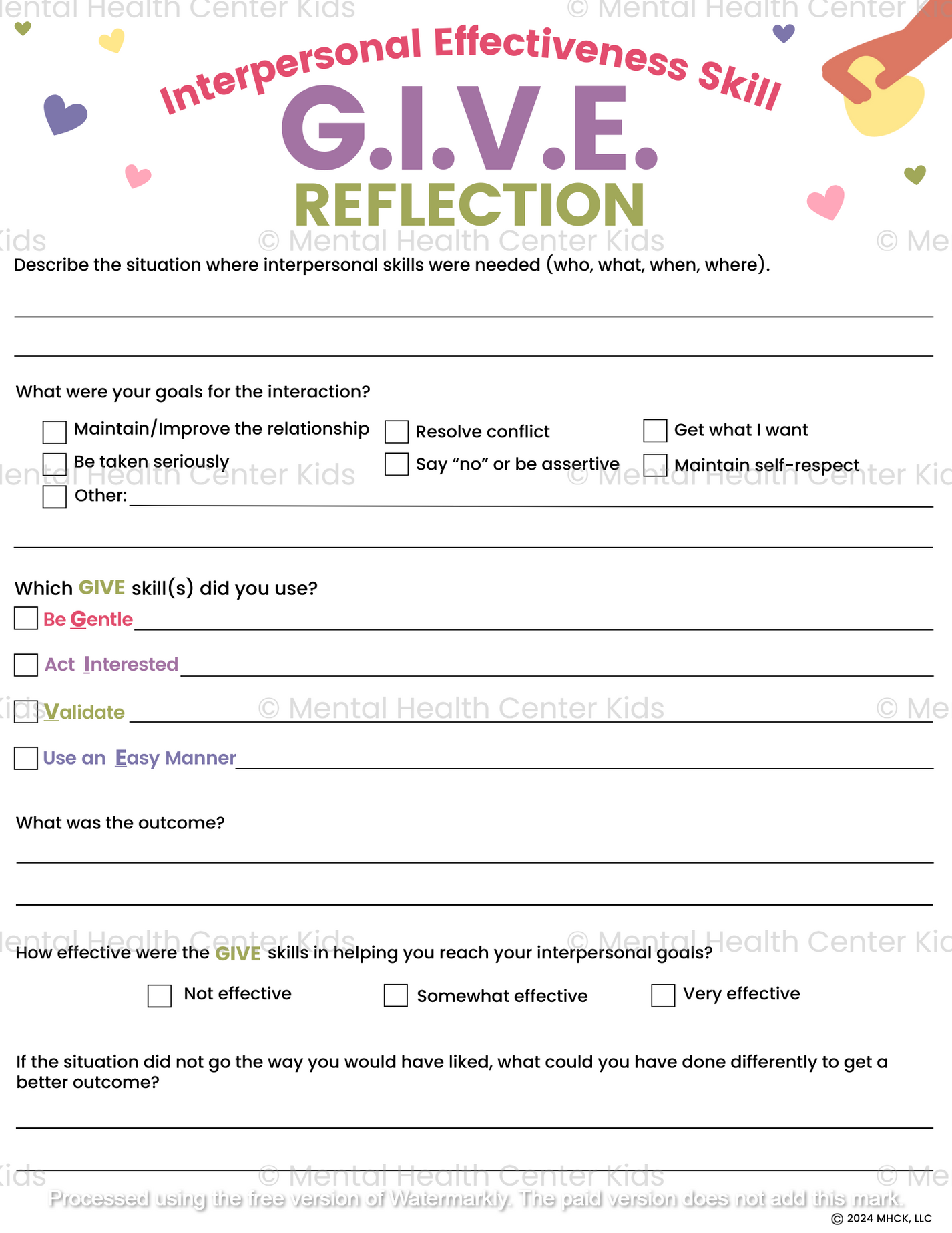 DBT GIVE Skill Worksheet – Mental Health Center Kids