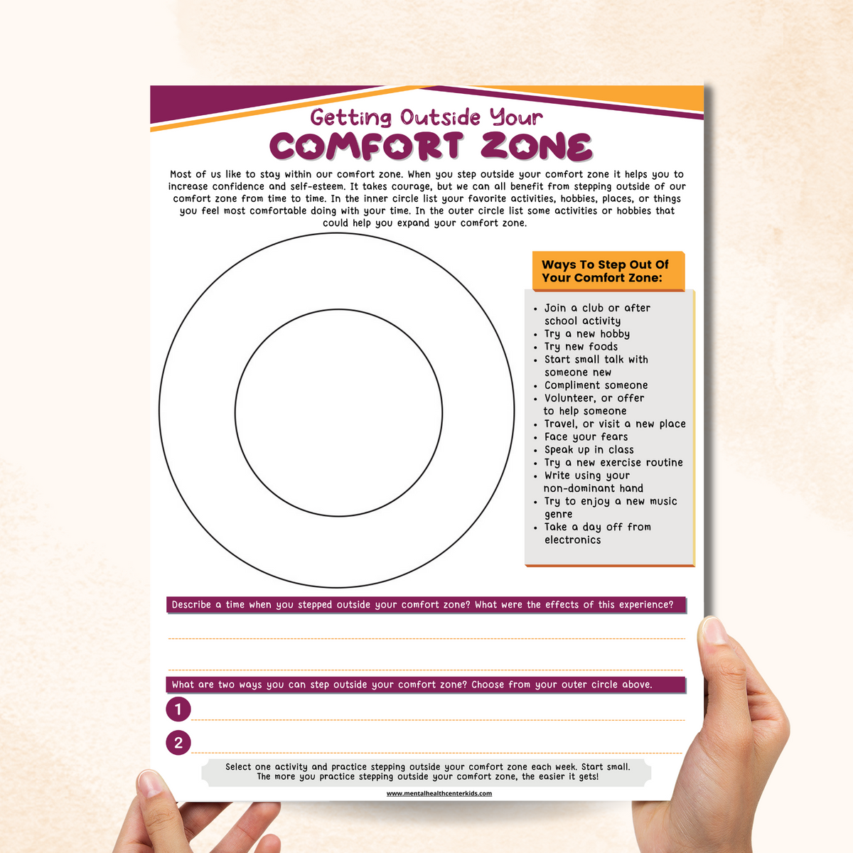 Comfort Zone Worksheet – Mental Health Center Kids
