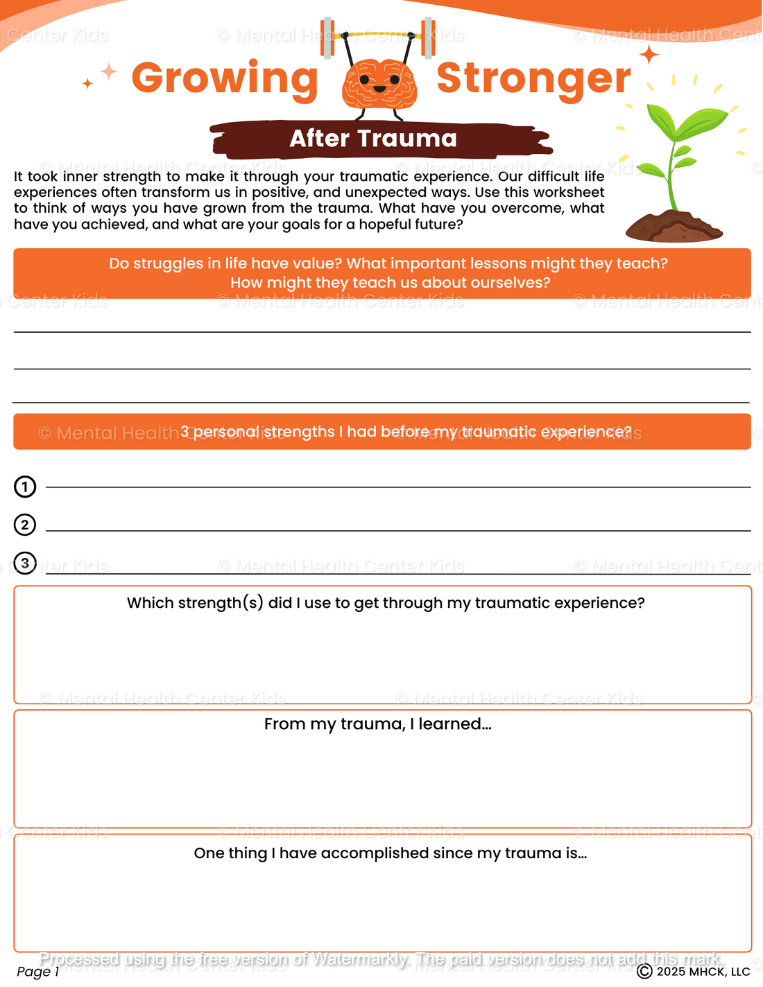 Post-Traumatic Growth Worksheet – Mental Health Center Kids