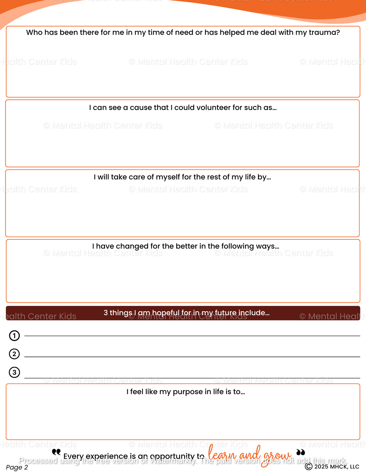 Post-Traumatic Growth Worksheet – Mental Health Center Kids