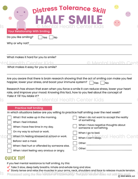 DBT Half Smile Worksheet – Mental Health Center Kids