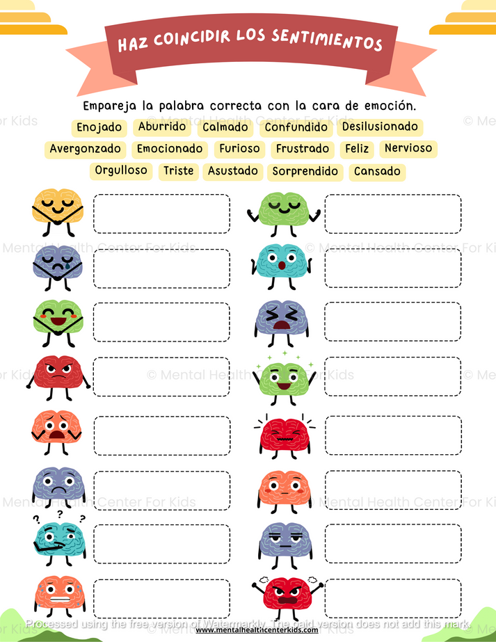 Feelings Matching Worksheet (Spanish Version) – Mental Health Center Kids
