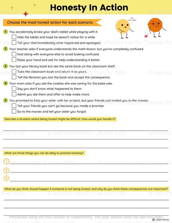 Honesty Worksheets (2 Pages) – Mental Health Center Kids
