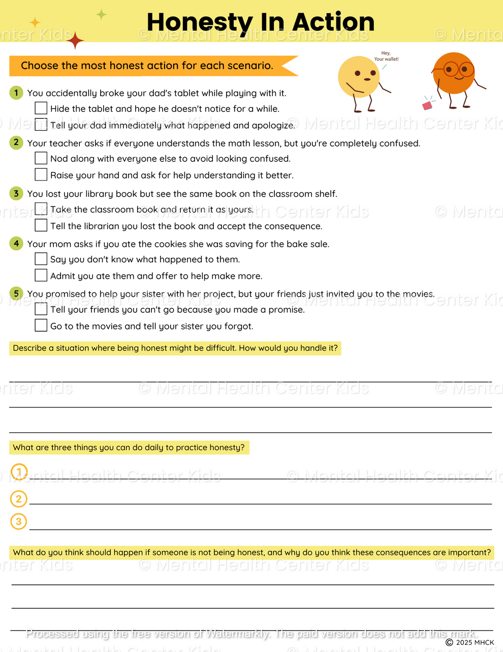 Honesty Worksheets (2 Pages) – Mental Health Center Kids