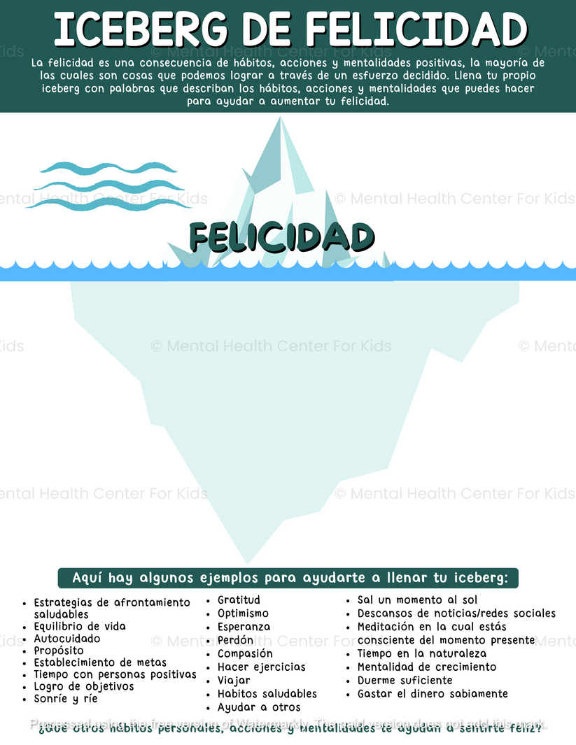 Happiness Iceberg Worksheet (Spanish Version) – Mental Health Center Kids