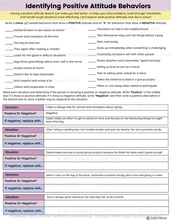 Positive Attitude Worksheets (3 Pages) – Mental Health Center Kids