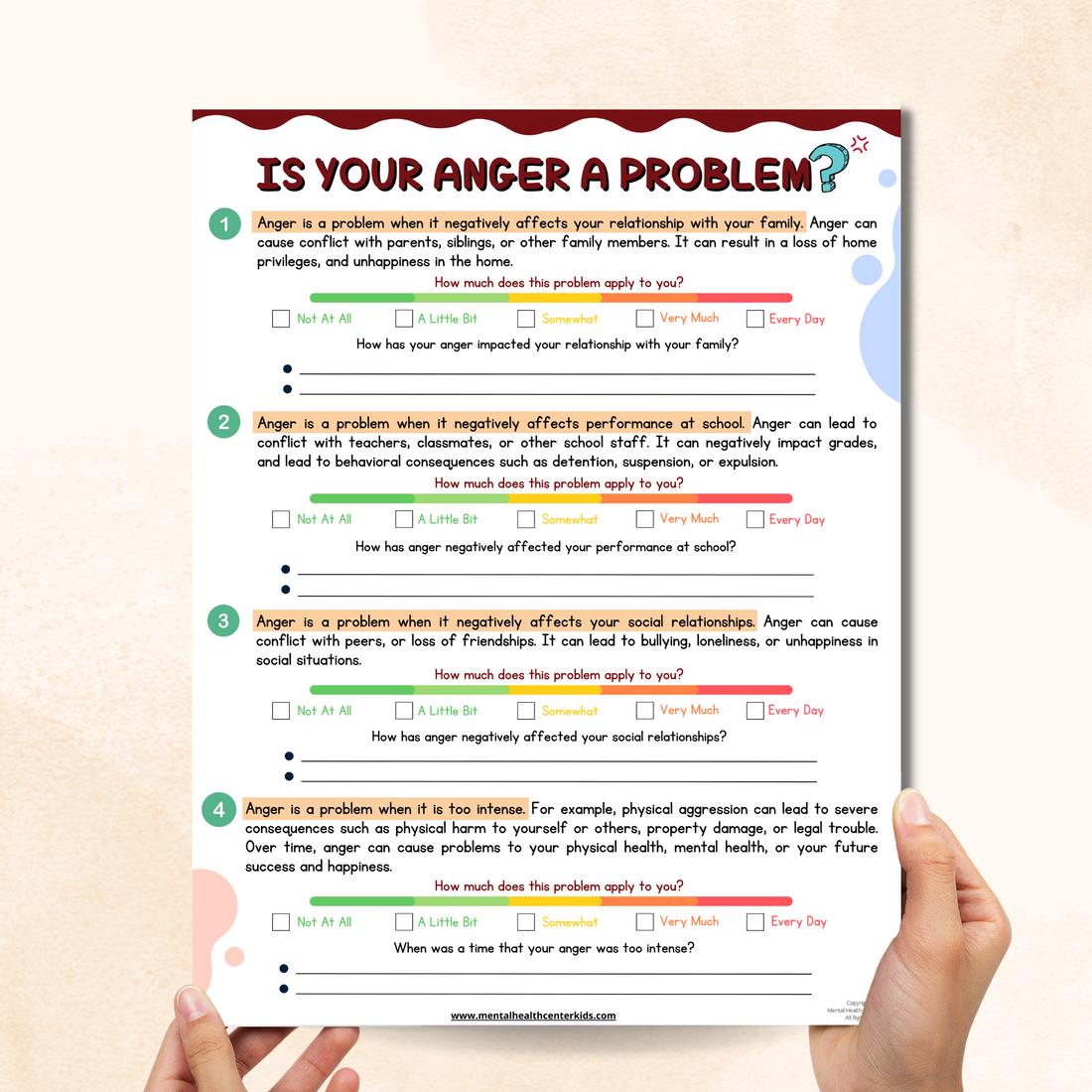 "Is Your Anger a Problem?" Worksheet – Mental Health Center Kids