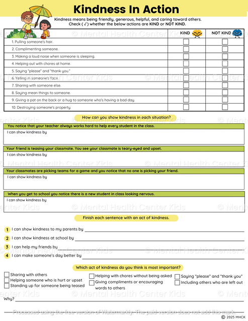 Kindness Worksheets (2 Pages) – Mental Health Center Kids