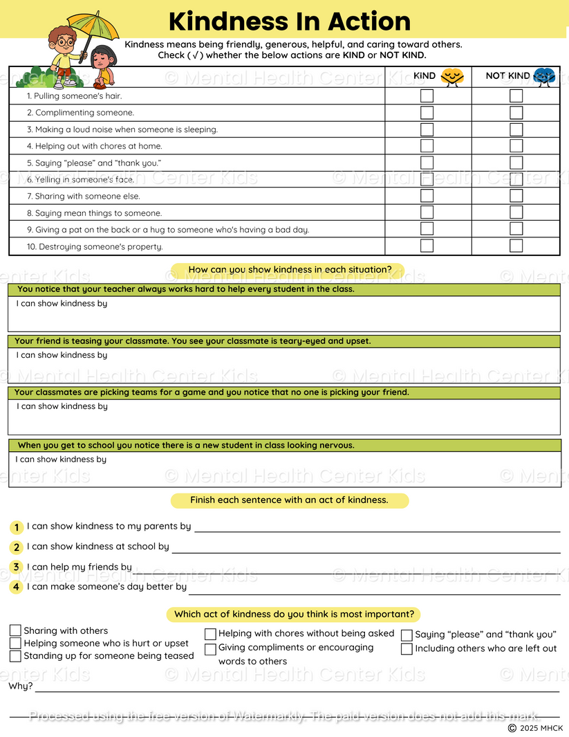 Kindness Worksheets (2 Pages) – Mental Health Center Kids
