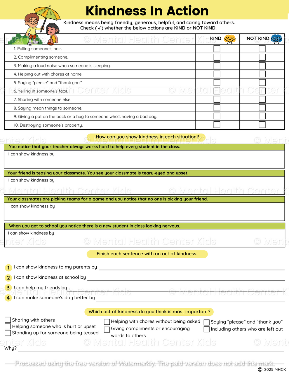 Kindness Worksheets (2 Pages) – Mental Health Center Kids