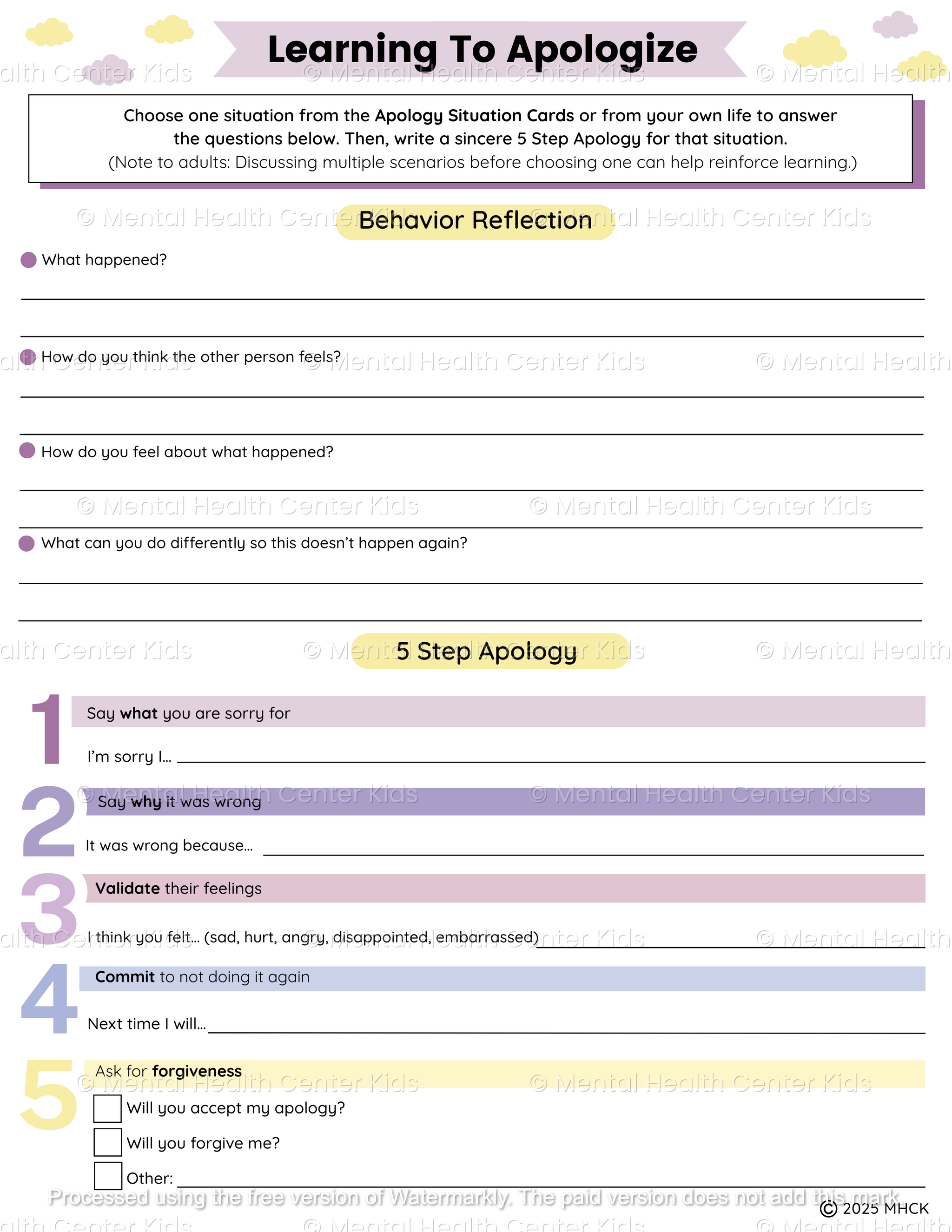 Apologizing Worksheets (2 Pages) – Mental Health Center Kids