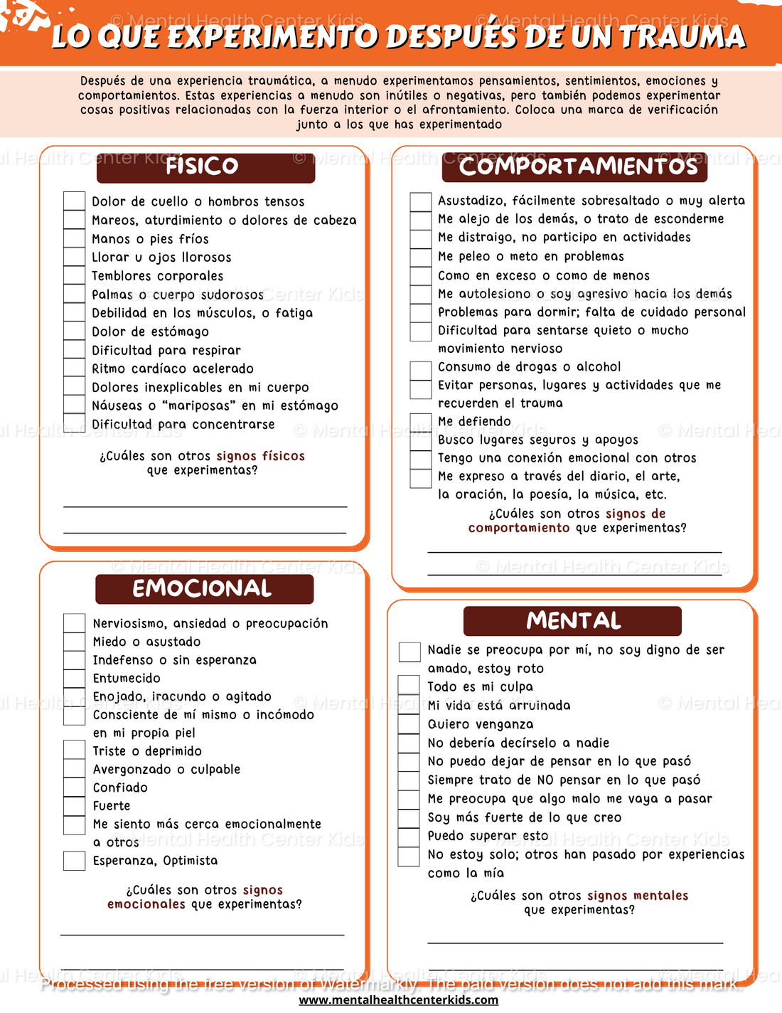 What I Experience After Trauma Worksheet (Spanish Version) – Mental ...