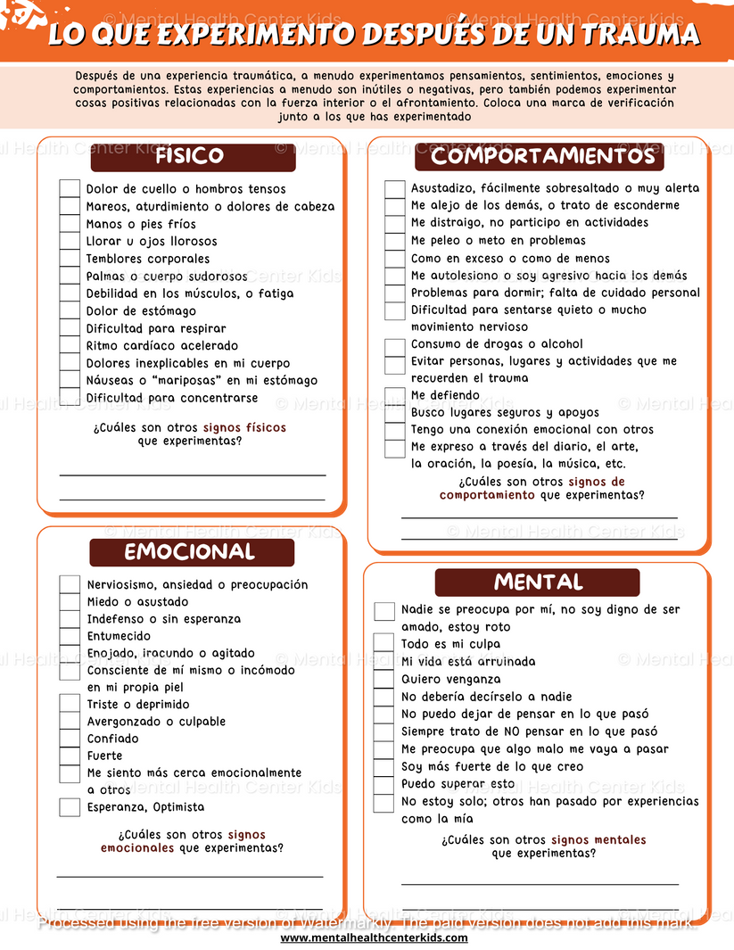 What I Experience After Trauma Worksheet (Spanish Version) – Mental ...