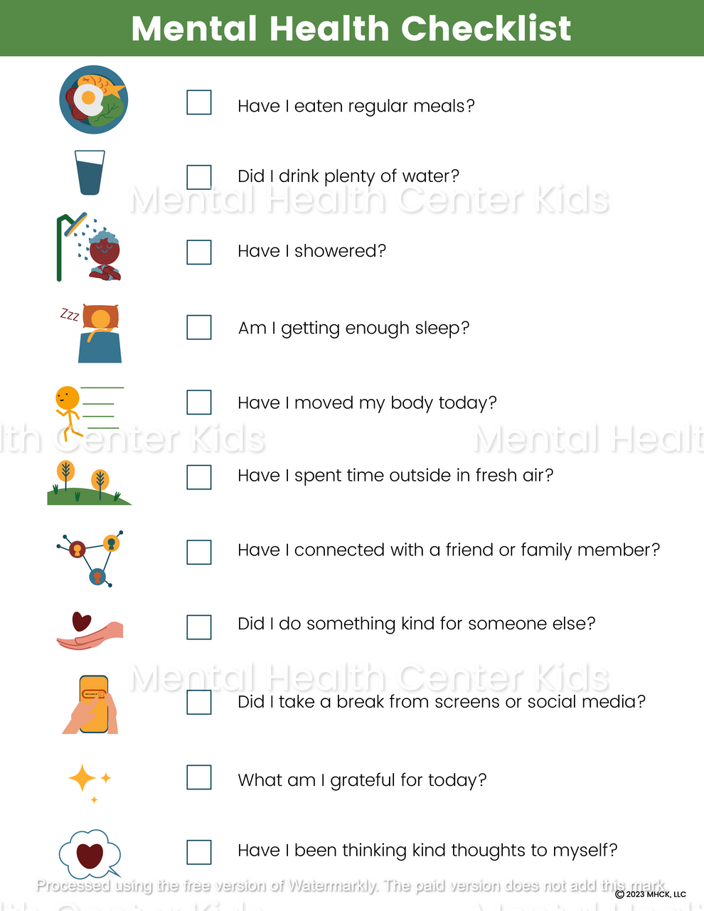 Mental Health Checklist (FREE) – Mental Health Center Kids