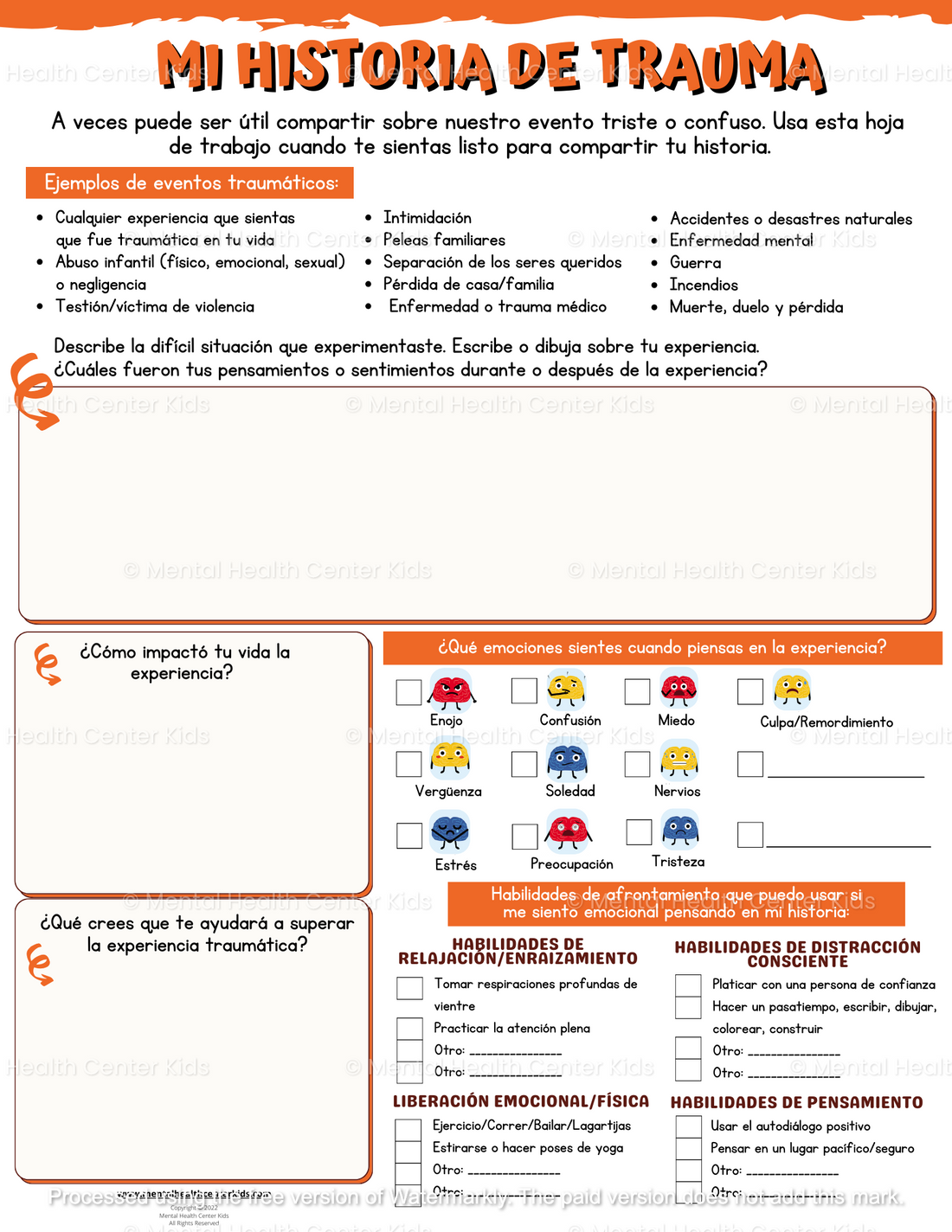 My Trauma Story Worksheet (Spanish Version) – Mental Health Center Kids