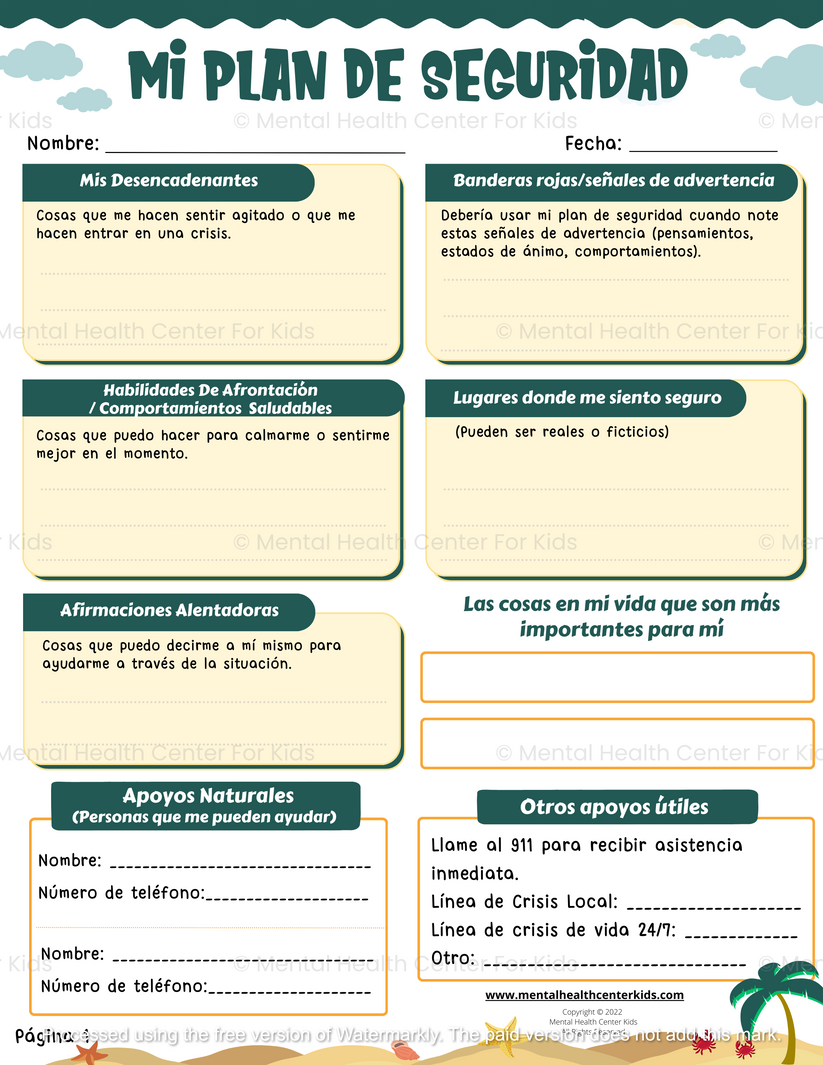 Safety Plan Worksheets (Spanish Version) – Mental Health Center Kids