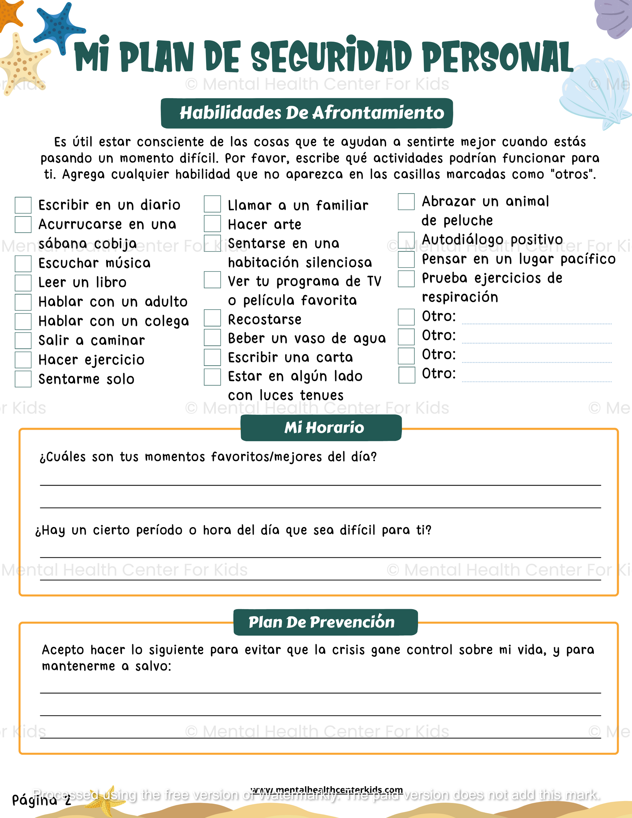 Safety Plan Worksheets (Spanish Version) – Mental Health Center Kids